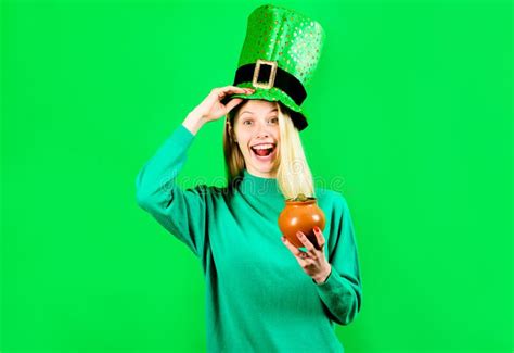 Saint Patricks Day Surprised Woman In Leprechaun Hat With Pot Of Gold