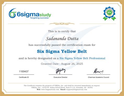 I Am Glad To Share That I Have Successfully Completed My Six Sigma Yellow Belt Certification