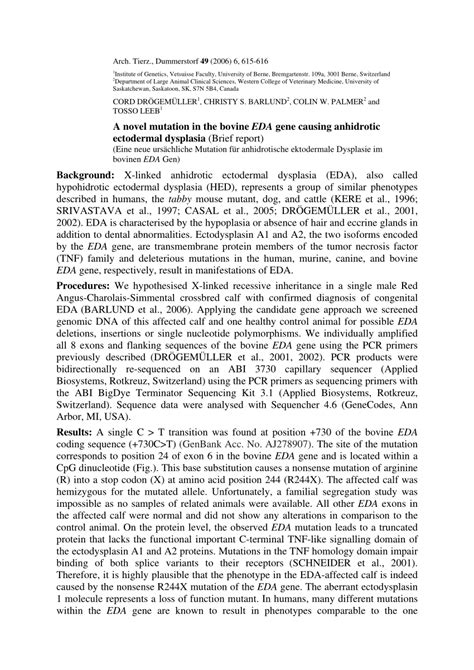 Pdf A Novel Mutation In The Bovine Eda Gene Causing Anhidrotic Ectodermal Dysplasia Brief Report