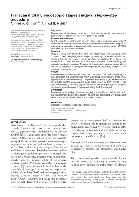 Pdf Transcanal Totally Endoscopic Stapes Surgery Step By Step Procedure