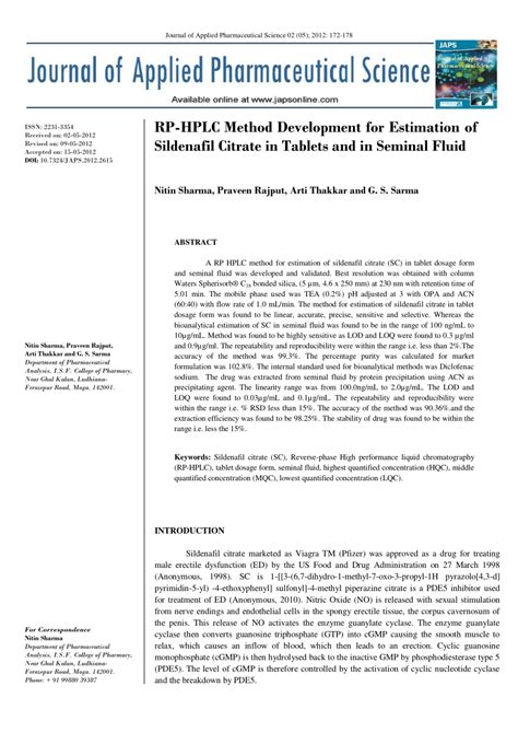 Pdf Rp Hplc Method Development For Estimation Of Sildenafil Citrate In Tablets And In Seminal
