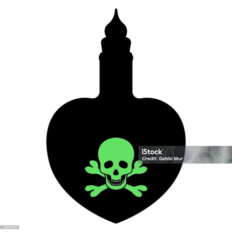 독병 실루엣 하트 모양의 용기 두개골과 뼈 병에 녹색 엠블럼 병은 스토퍼로 닫힙습니다 벡터 그림입니다 기적적인 음료 플라스크에서 마녀 물약 할로윈 기호 0명에 대한 스톡