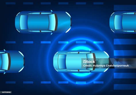 다른 차량이 접근할 때 차량 주변에 경보 시스템이 있는 자동차 기술 사용자의 안전성을 높이는 혁신입니다 도로에 원형 파도가 있는 자동차 차에 대한 스톡 벡터 아트 및 기타