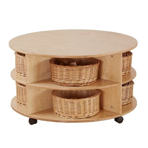 low level mobile quad island table with built in storage sensory toy