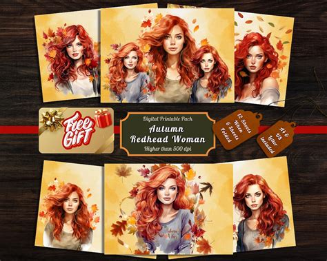 Printable Autumn Redhead Woman Digital Papers Cozy Autumn Lady Ephemera Fall Girls Pages