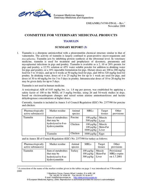 Tiamulin Summary Report 3 Committee Veterinary Medicinal Products En