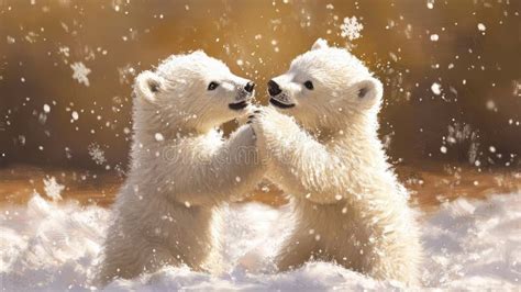 Two Polar Bear Cubs Playing In The Snow Stock Illustration