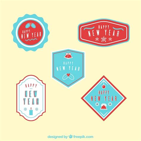 Étiquettes Vintage Du Nouvel An En Rouge Et Bleu Vecteur Gratuite