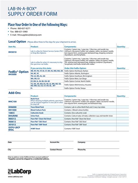 Labcorp Supply Order List Fill Online Printable Fillable Blank