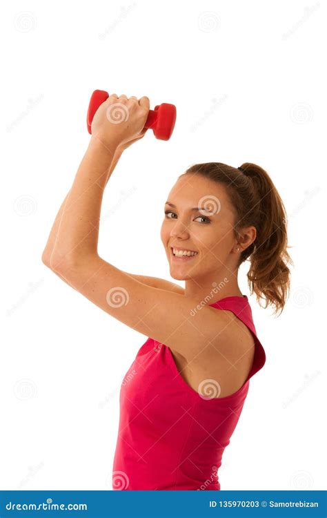 Beautiful Young Active Fit Woman Workout With Dumbbells Isolated Over