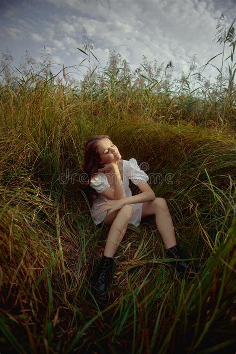 Beautiful Young Woman In White Summer Dress Is Sitting In Tall Grass In