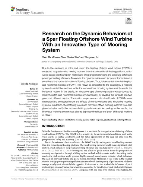 PDF Research On The Dynamic Behaviors Of A Spar Floating Offshore Wind Turbine With An