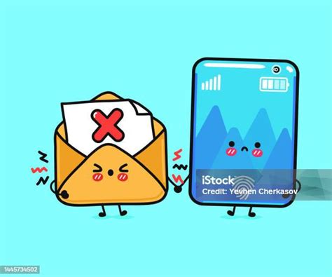 귀엽고 재미있는 화난 스마트 폰과 금지 표시가있는 편지 벡터 손으로 그린 만화 Kawaii 캐릭터 그림 아이콘입니다 재미있는 만화 스마트폰과 메시지 마스코트 캐릭터 개념 0