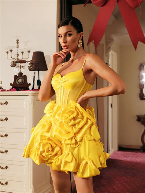 Stanski Spaghetti Flower Satin Mini Dress In Butter Yellow Mew Mews
