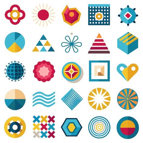 Set Of 25 Colorful Geometric Abstract Icons For Web Design And Mobile App Development Premium