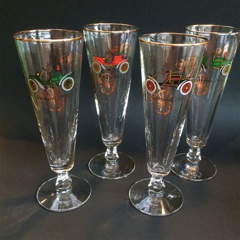 Set Of 4 Tall Classic Automobiles Vintage Mid Century Pilsner Beer