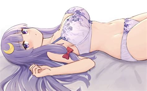 Forneus 0 Patchouli Knowledge Touhou Commentary Highres 1girl Bed Sheet Blunt Bangs