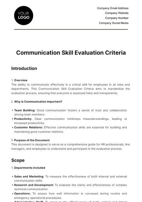 Free Communication Skill Evaluation Criteria Hr Template To Edit Online