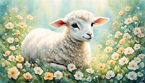 Cute Easter Lamb With Flowers And Copy Space Digital Art Stock