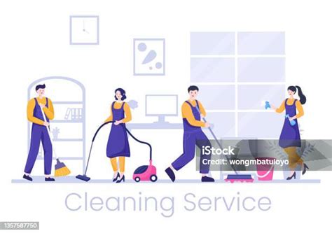 청소 서비스 평면 디자인 일러스트 사람들은 진공 청소기 배경 배너 또는 포스터에 대한 집에서 먼지와 청소 바닥을 닦아 가사 집안일에 대한 스톡 벡터 아트 및 기타 이미지