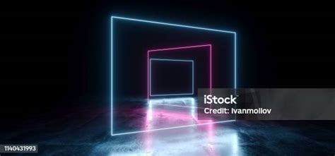 어두운 빈 검은 색 사각형 프레임 네온 빛나는 레이저 형광 가상 현실 블루 퍼플 활기찬 조명 그런 지 콘크리트 반사 바닥 빈 홀 룸 터널 3d 렌더링 0명에 대한 스톡 사진