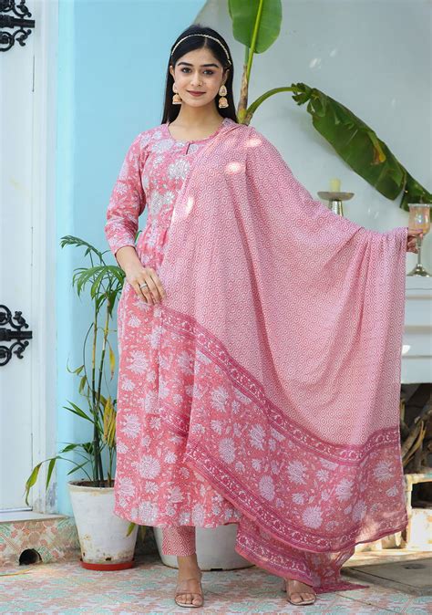 Pink Floral Print Cotton Kurta Pant With Dupatta Set Pack Of 3