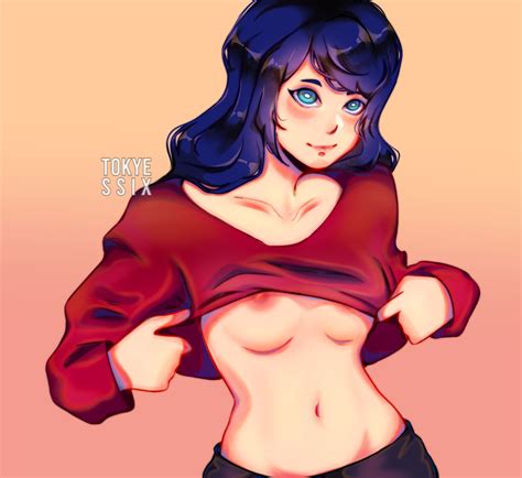 Rule 34 Bangs Blue Hair Collarbone Cyan Eyes Female Flashing Breasts