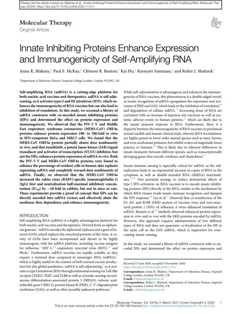 Pdf Innate Inhibiting Proteins Enhance Expression And Immunogenicity Of Self Amplifying Rna