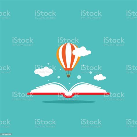 파란색 배경에 고립 된 공기 풍선과 구름이있는 오픈 북 벡터 플랫 일러스트레이션 열기구에 대한 스톡 벡터 아트 및 기타 이미지 열기구 영적 깨달음 책 Istock