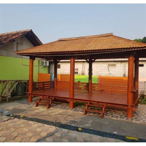 Jual Gazebo Ukuran 5x2 Meter Kayu Kelapa Atap Sirap Desain 6 Tiang
