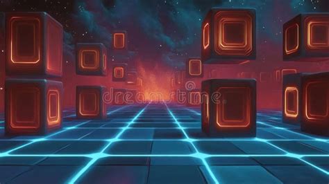 A Futuristic Digital Landscape With Glowing Cubes And A Grid Under A Cosmic Backdrop Stock