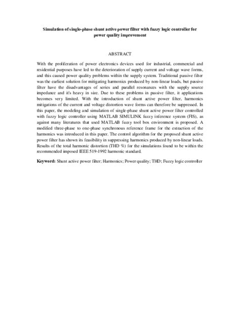 Pdf Simulation Of Single Phase Shunt Active Power Filter With Fuzzy