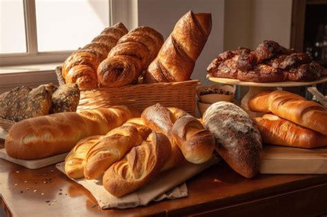 Premium Ai Image Display Of Freshly Baked Breads Including Baguettes