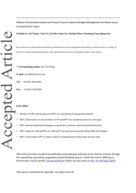 Pdf Mixture Of Controlled‐release And Normal Urea To Improve Nitrogen Management For Maize