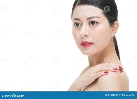 Beauty Asian Red Lipstick Woman Nail Polish Finger On Shoulder Stock
