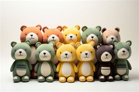 Two Rows Of Isolated Cute Handmade Plush Teddy Bears In Yellow Green