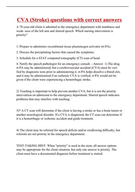 Cva Stroke Questions With Correct Answers Cva Stroke Stuvia Us