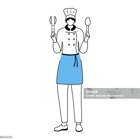 호텔 요리사 플랫 벡터 일러스트레이션 제복을 입은 식당 노동자가 요리 기구를 들고 있습니다 케이터링 서비스 요리 흰색에 윤곽이