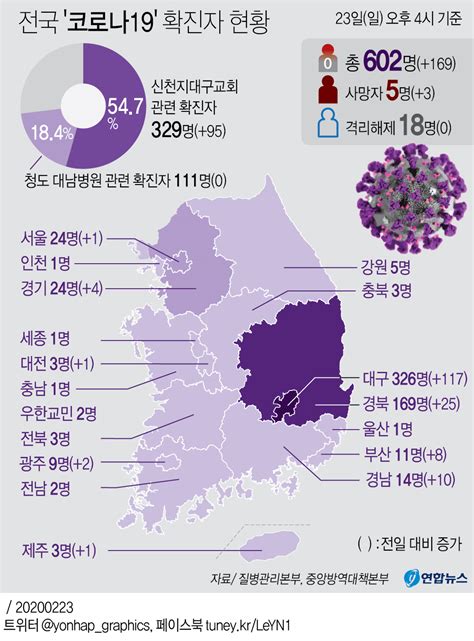 영상 심각단계 코로나19 국내 확진자 169명 추가 총 602명· 사망 5명신천지교회 관련 329명