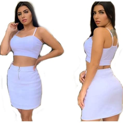 Conjunto Feminino Branco Brilhante Saia E Top Cropped Festa Balada
