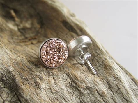 Rose Gold Druzy Earrings Titanium Drusy Quartz Studs Sterling Etsy