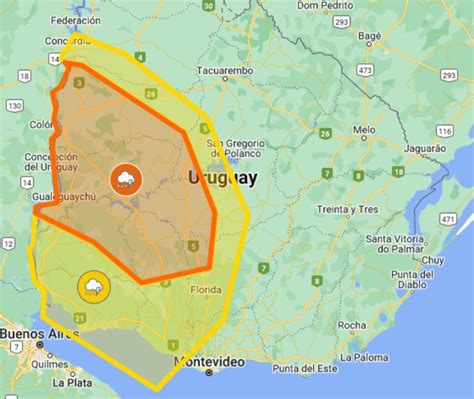 Inumet emitió alerta amarilla y naranja para el suroeste del país por lluvias y tormentas