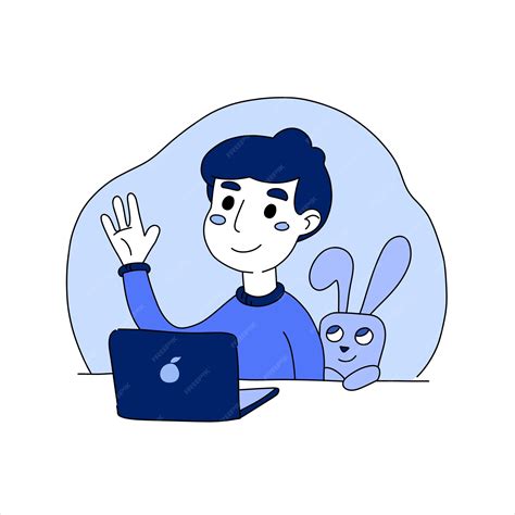 Premium Vector Boy Waving Hand Distance Learning Remote Work Laptop