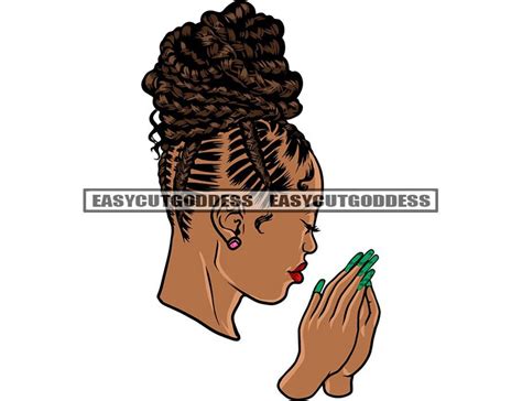 Praying Black Woman Braids Cornrows Sideview Green Fingernail Polish