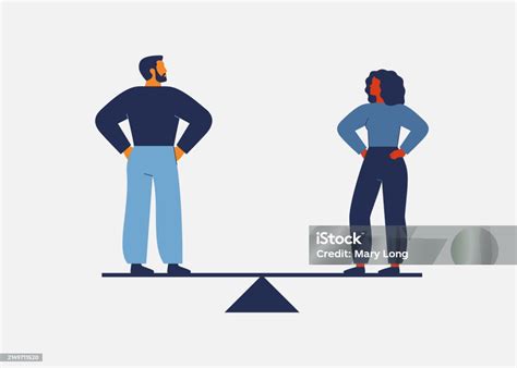 기업과 사회의 양성 평등과 평등 남자와 여자가 시소 위에 서 있습니다 체중계에서 균형을 잡는 커플 편평한 벡터 삽화 시소에 대한 스톡 벡터 아트 및 기타 이미지 Istock