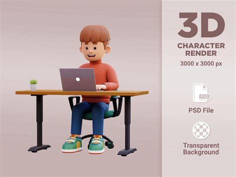 Premium Psd 3d Male Character Working On A Laptop