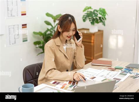 Architectural Concept Female Architect Designing House Interior And Talking With Client On