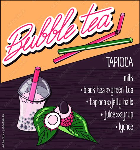 Vector Illustration Menu Milk Bubble Tea With Tapioca On A Wooden