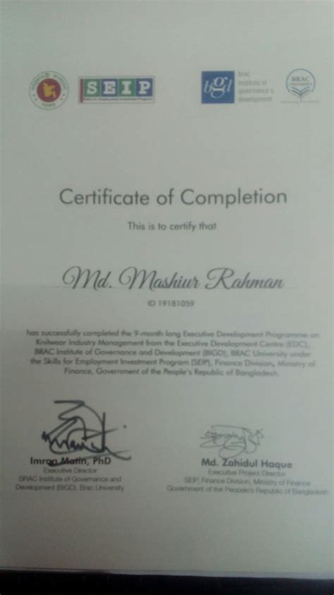 Md Mashiur Rahman On Linkedin Completion Certificate Of Pgd Kim Brac University