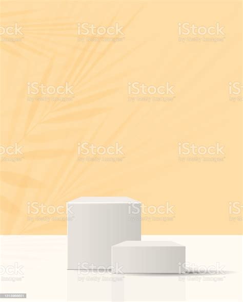 제품 프리젠 테이션 브랜딩 및 포장 프리젠 테이션을위한 화장품 노란색 배경 과 프리미엄 연단 디스플레이 잎 배경의 그림자